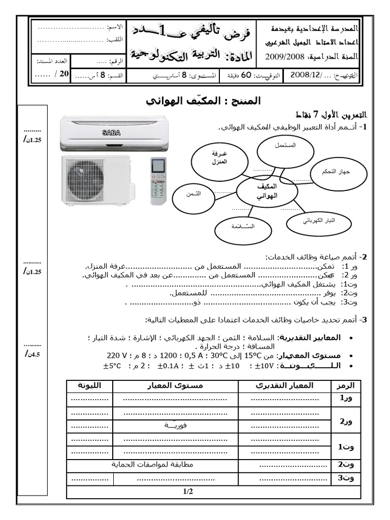Devoir de Synthèse N°1 - Technologie - 8ème (2008-2009) MR Charaabi Jemaiel | PDF