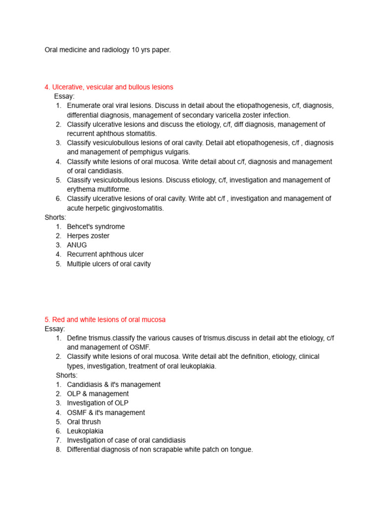 Oral Medicine and Radiology 10 Years Paper. | PDF | Medicine | Diseases ...