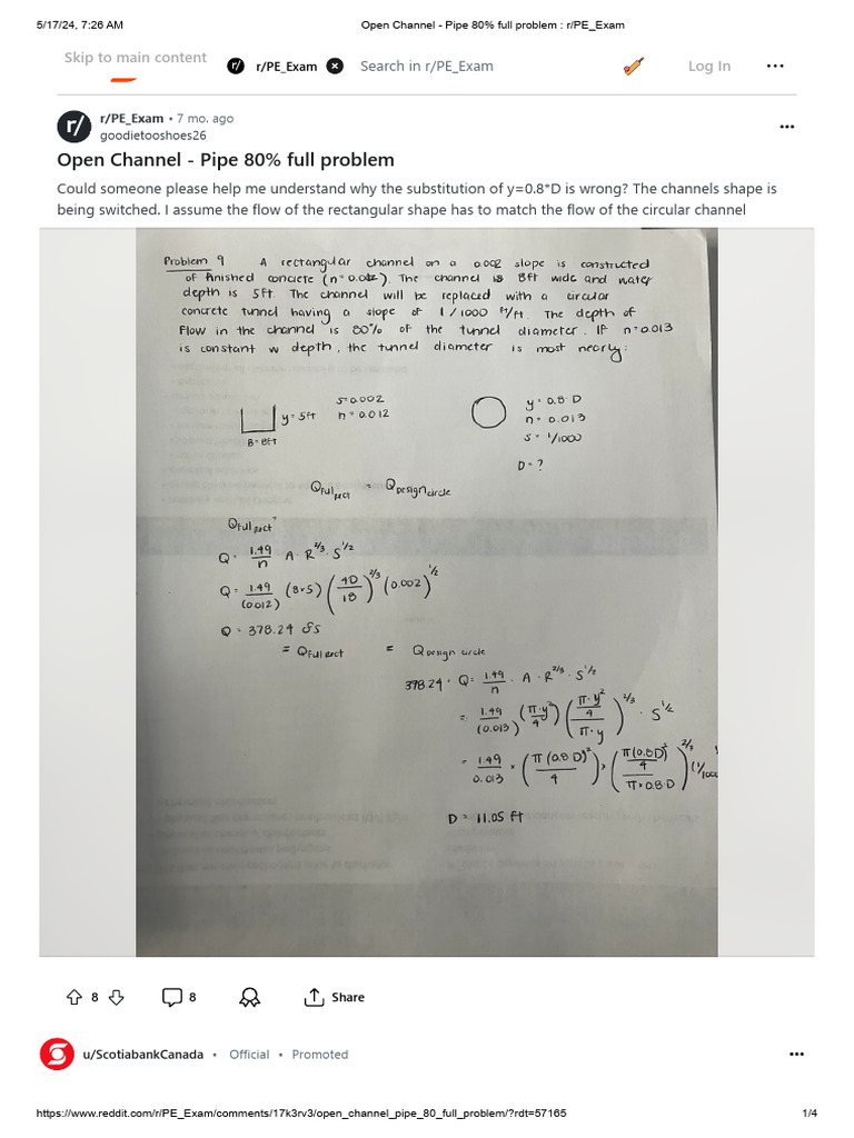 Open Channel - Pipe 80% Full Problem - R - PE - Exam | PDF | Mathematics