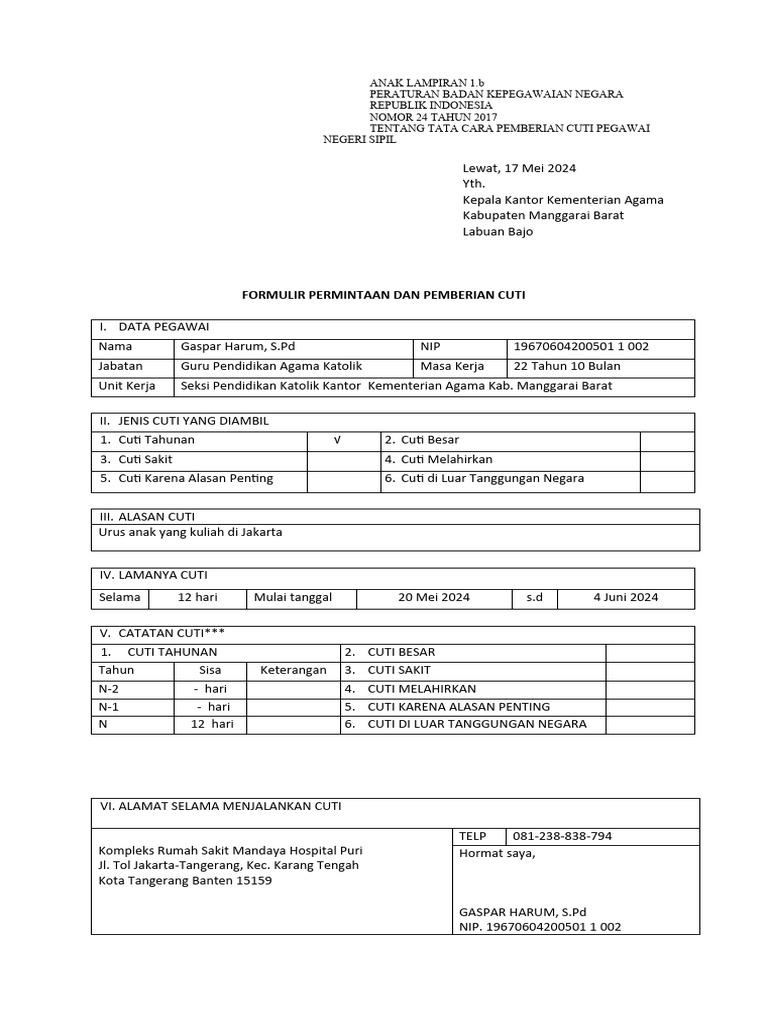 Contoh Surat Permohonan Cuti PNS | PDF
