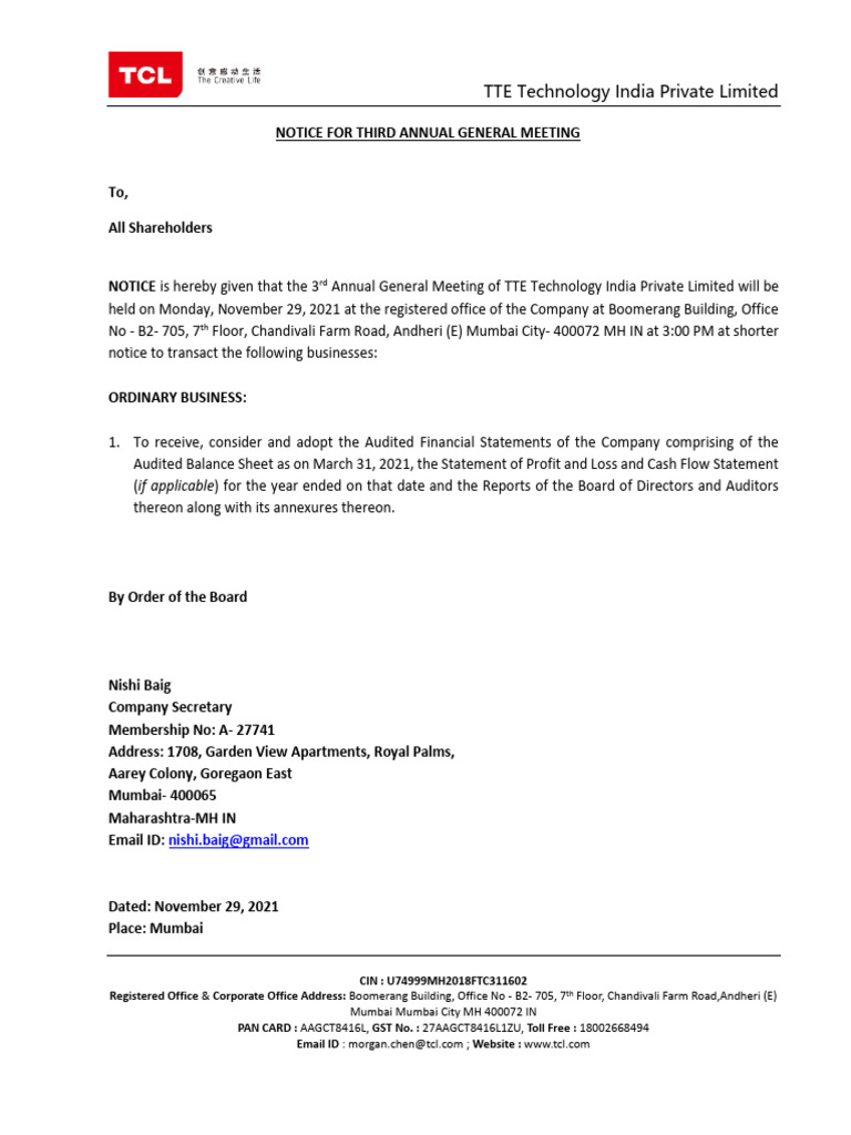Notice of AGM 2021 | PDF | Audit | Corporations