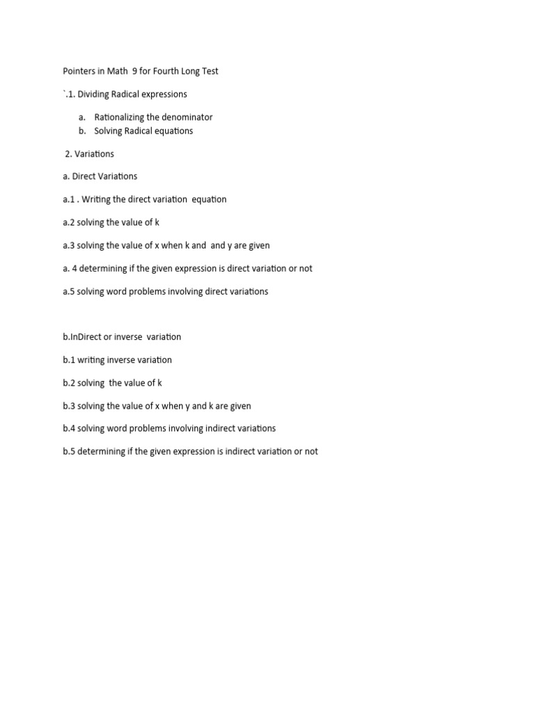 Pointers in Math 9 For Fourth Long Test April 14 2024 | PDF | Teaching ...