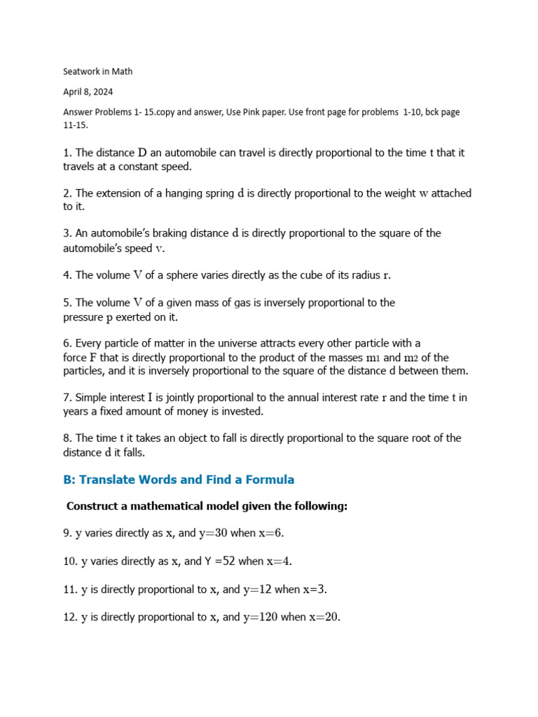 TRUE Seatwork and Assignment in Math 9reuben April 82024 | PDF | Gases ...