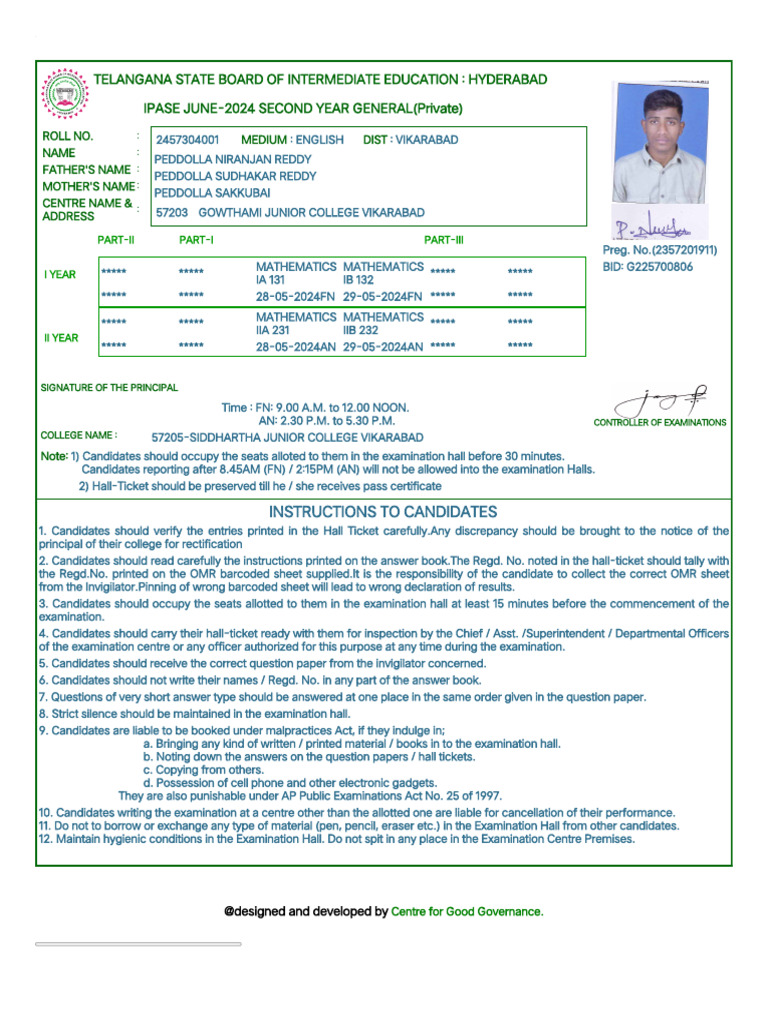 Telangana Intermediate Exam Hall Ticket | PDF