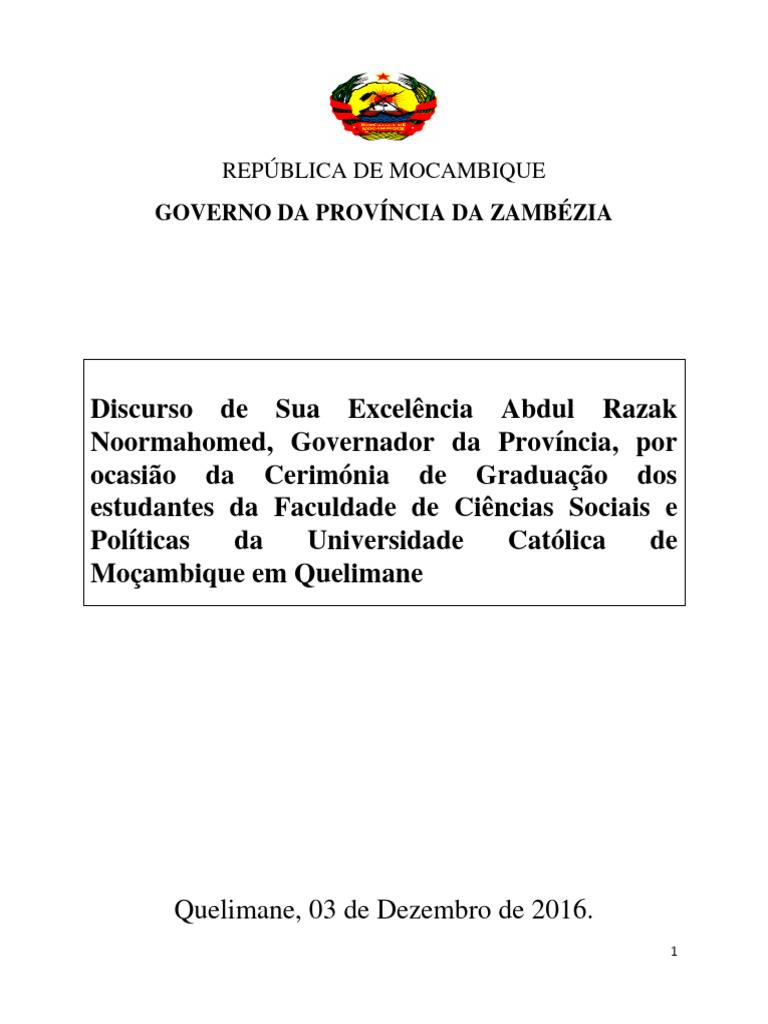 Discurso de Graduacao Na Ucm | PDF | Moçambique | Universidade
