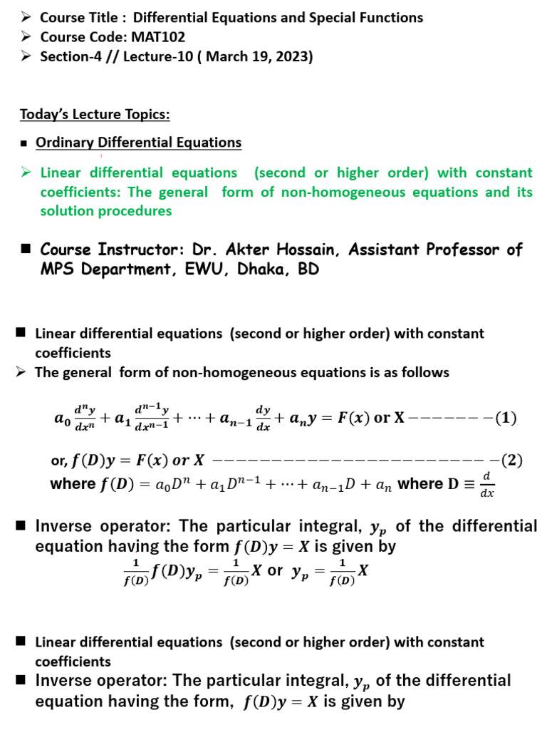 Lec-10 - Math 102 (4) - March 19 - 2023 | PDF | Equations | Subtraction