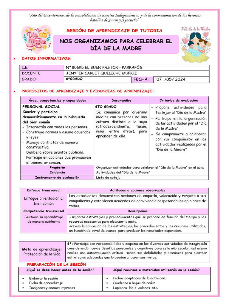02 Ses-Mart-Tut-Nos Organizamos para Celebrar El Día de La Madre | PDF | Evaluación | Aprendizaje