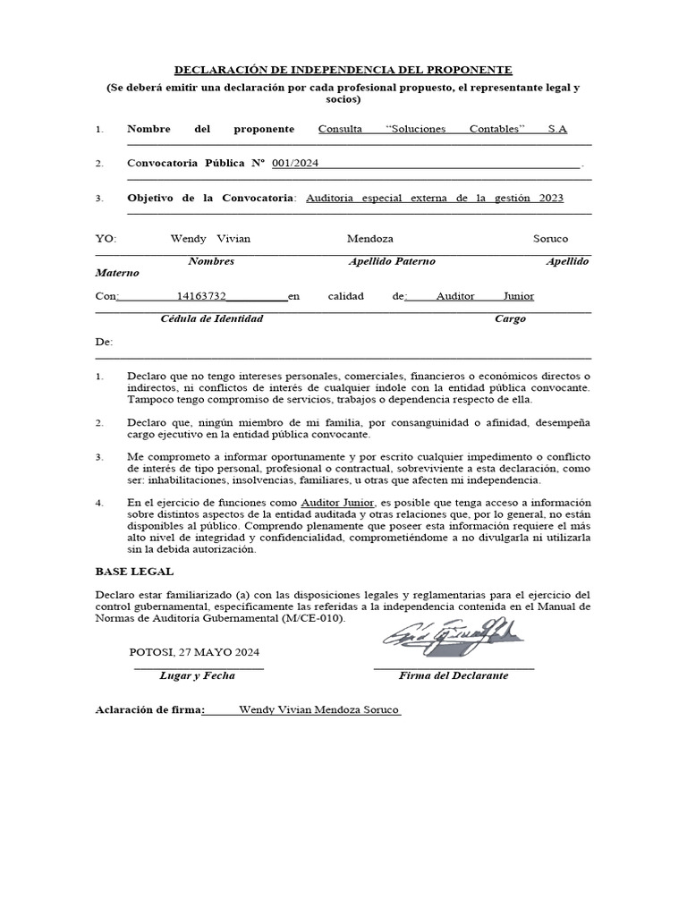 Declaración de Independencia Del Proponente | Descargar gratis PDF ...