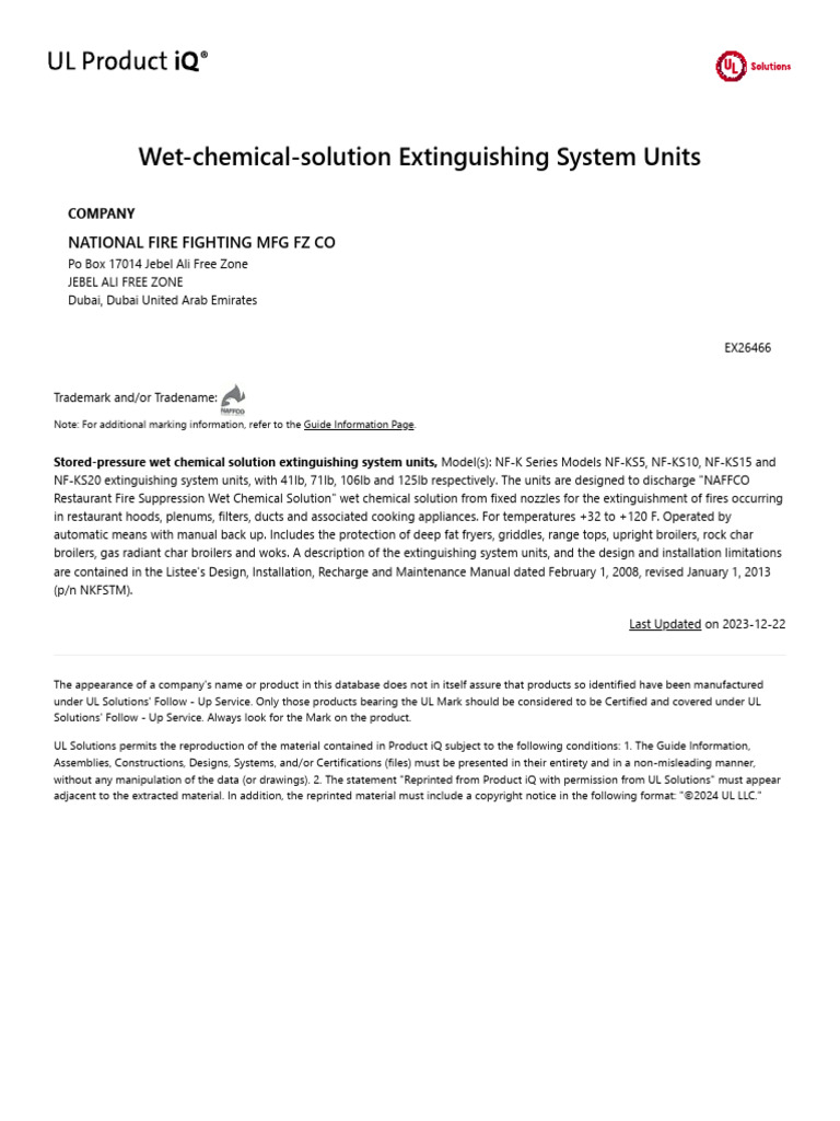 UL Wet-Chemical-Solution Extinguishing System Units | PDF