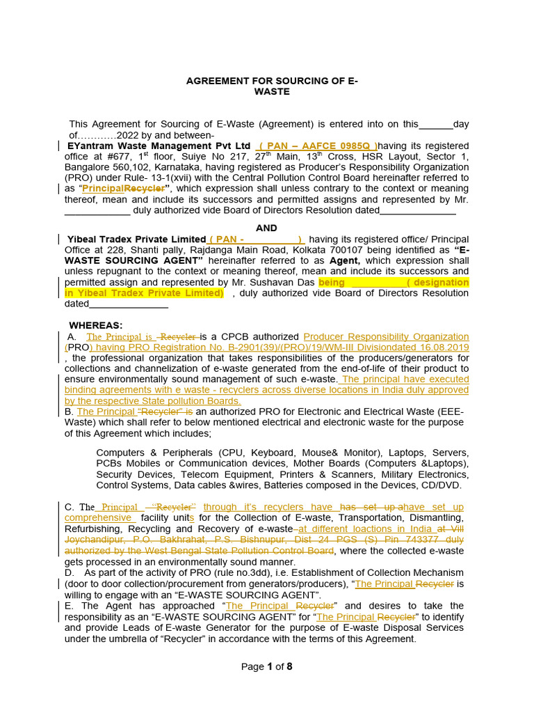 Agreement To Appoint Sourcing Agent E-Waste | PDF | Electronic Waste ...