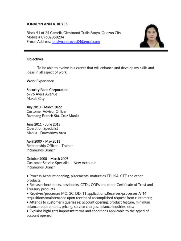 Jonalyn Reyes: Banking Career Overview | PDF | Business