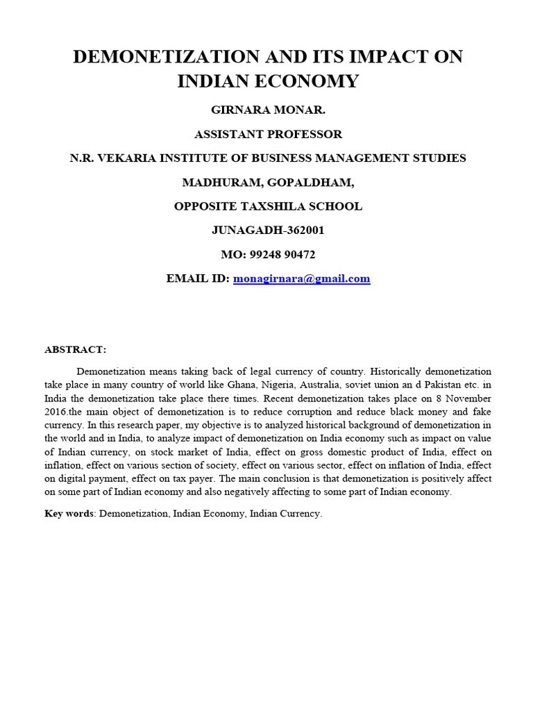 Demonetization and Its Impact On Indian Economy | PDF | Money | Legal Tender