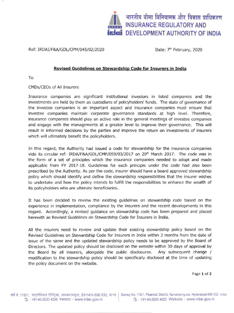 Revised Guidelines On Stewardship Code For Insurers in India | PDF ...
