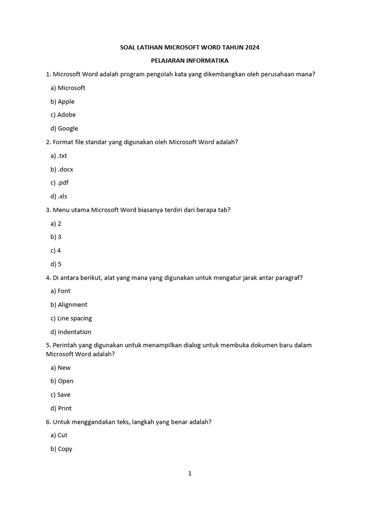 Soal Latihan Microsoft Word Tahun 2024 Siswa | PDF
