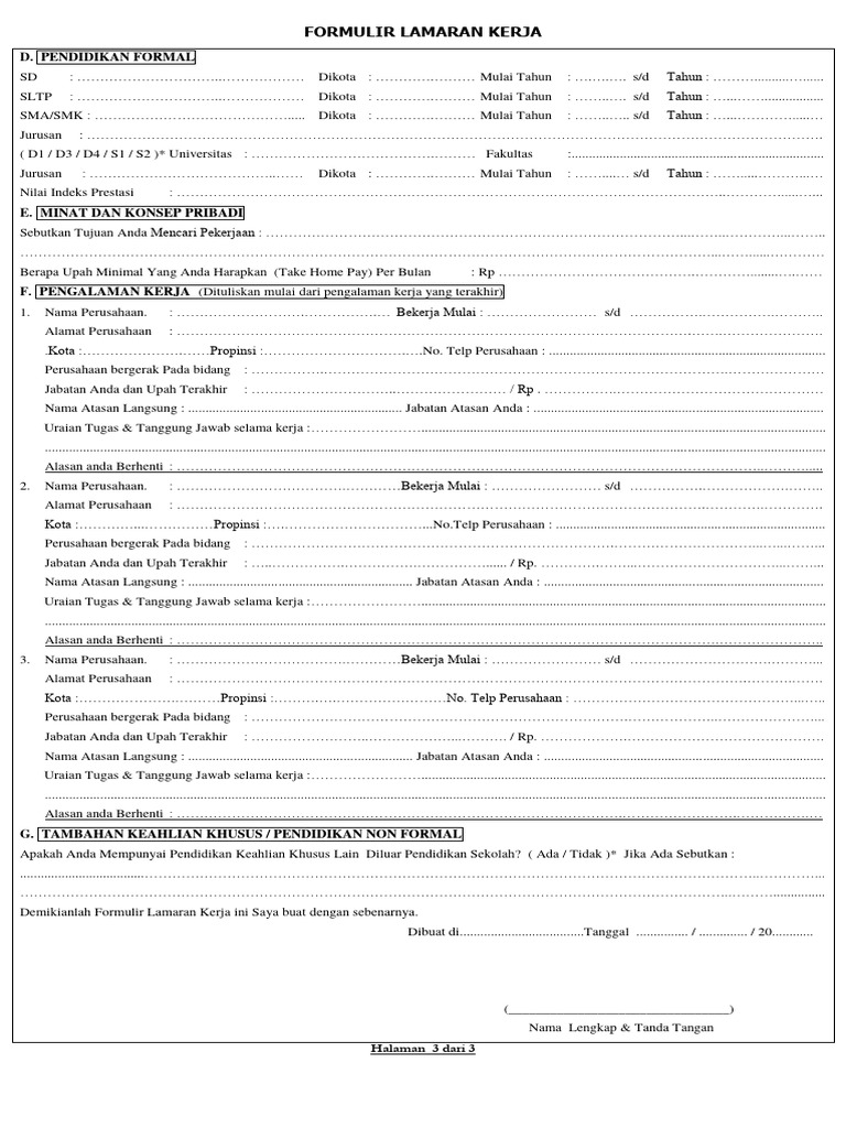 Formulir Lamaran Kerja Lengkap | PDF