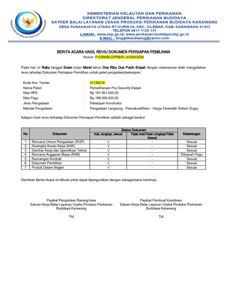 7 BA Hasil Reviu Dokumen Persiapan Pemilihan PEMELIHARAAN POS SECURITY ...