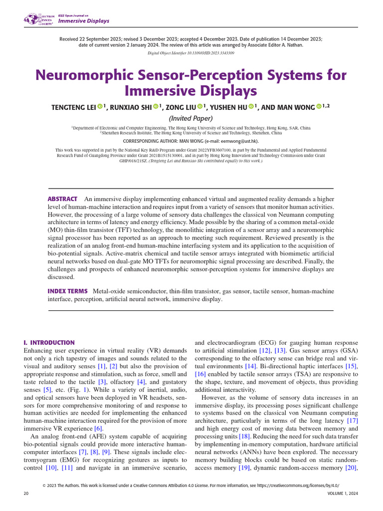 Neuromorphic Sensor-Perception Systems For Immersive Displays | PDF | Virtual Reality | Senses