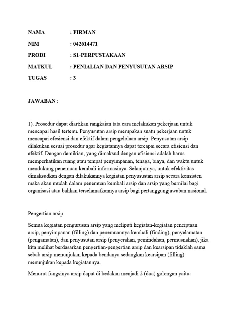 Tugas 3 Penilaian Dan Penyusutan Arsip Firman | PDF Tugas 3 Penilaian Dan Penyusutan Arsip Firman | PDF