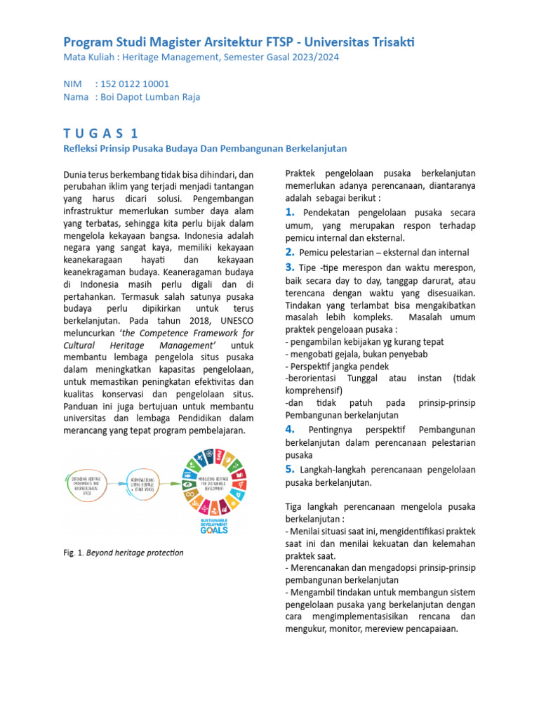 Tugas 1 Refleksi Prinsip Pusaka Budaya Dan Pembangunan Berkelanjutan | PDF