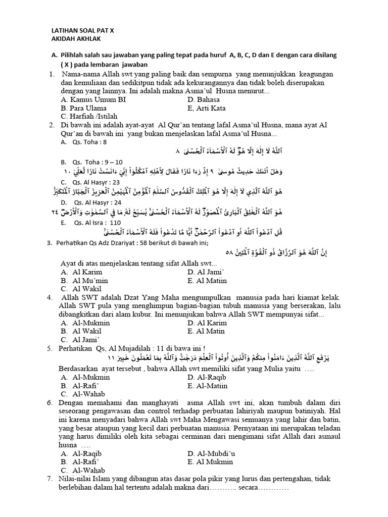 Latihan Soal Pat X Akidah Akhlak | PDF