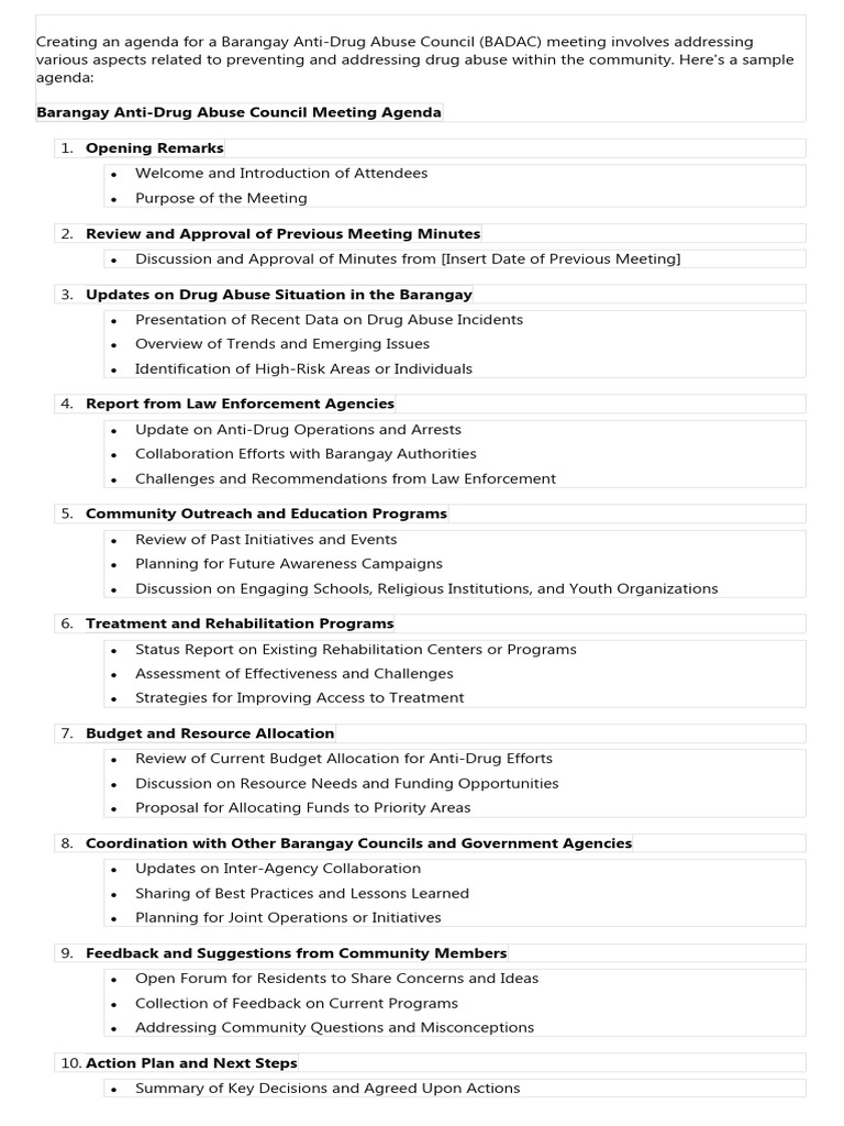 Barangay Anti-Drug Abuse Council Meeting Agenda | PDF | Substance Abuse