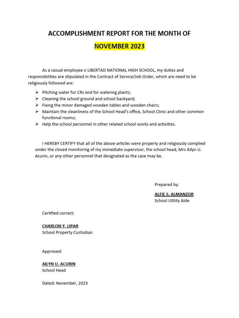 ACCOMPLISHMENT REPORT FOR THE MONTH OF | PDF