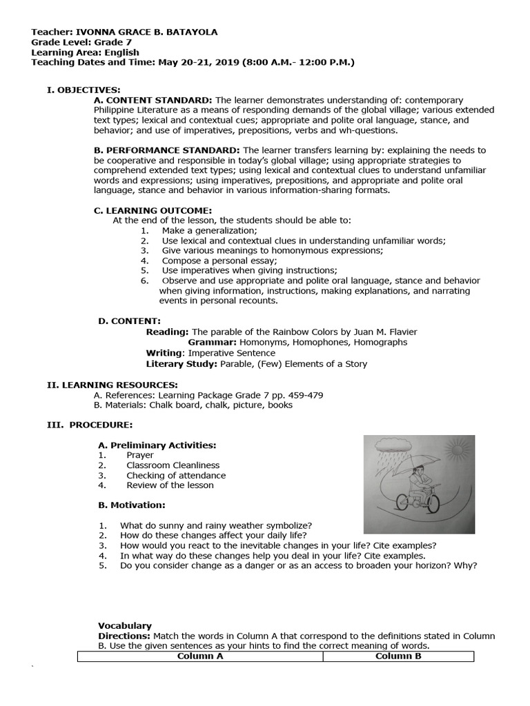 Lesson Plan in ENGLISH 7, Module 4 Lesson 3 | PDF | Linguistics | Human ...