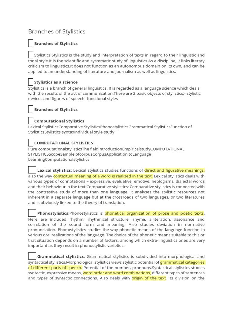 Branches of Stylistics | PDF | Linguistics | Syntax