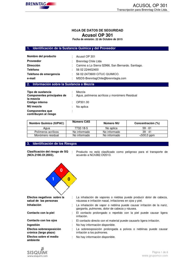 Hoja de Seguridad Acusol OP 301 | PDF | Residuos