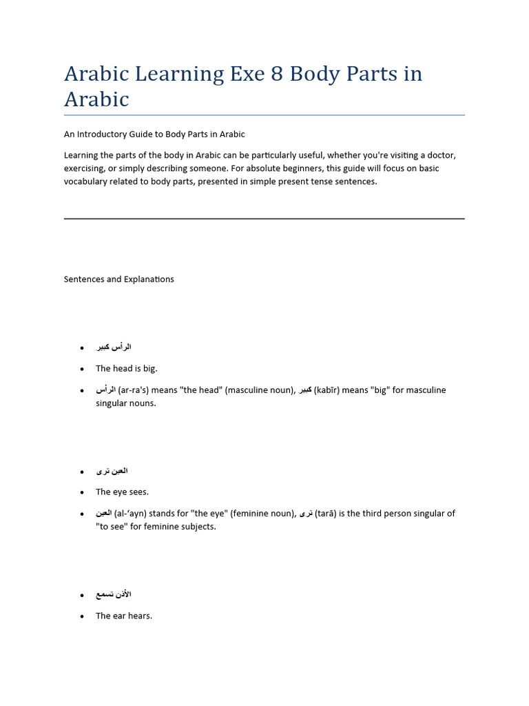 Arabic Learning Exe 8 Body Parts in Arabic | PDF | Grammatical Gender ...