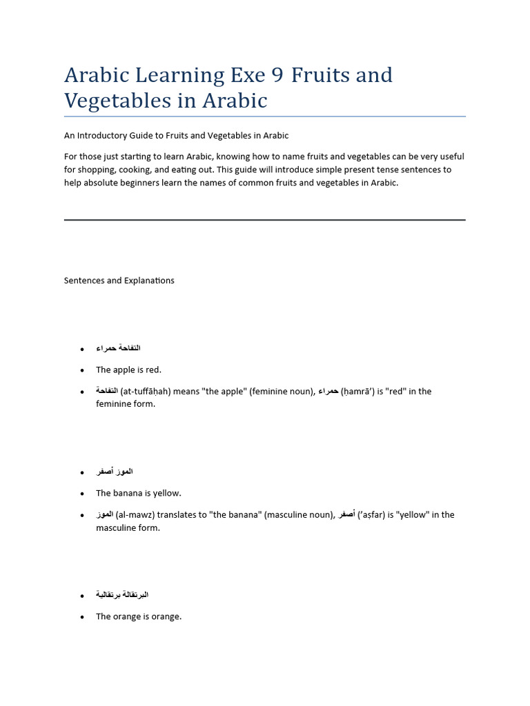 Fruits and Vegetables in Arabic Guide | PDF | Grammatical Gender | Noun