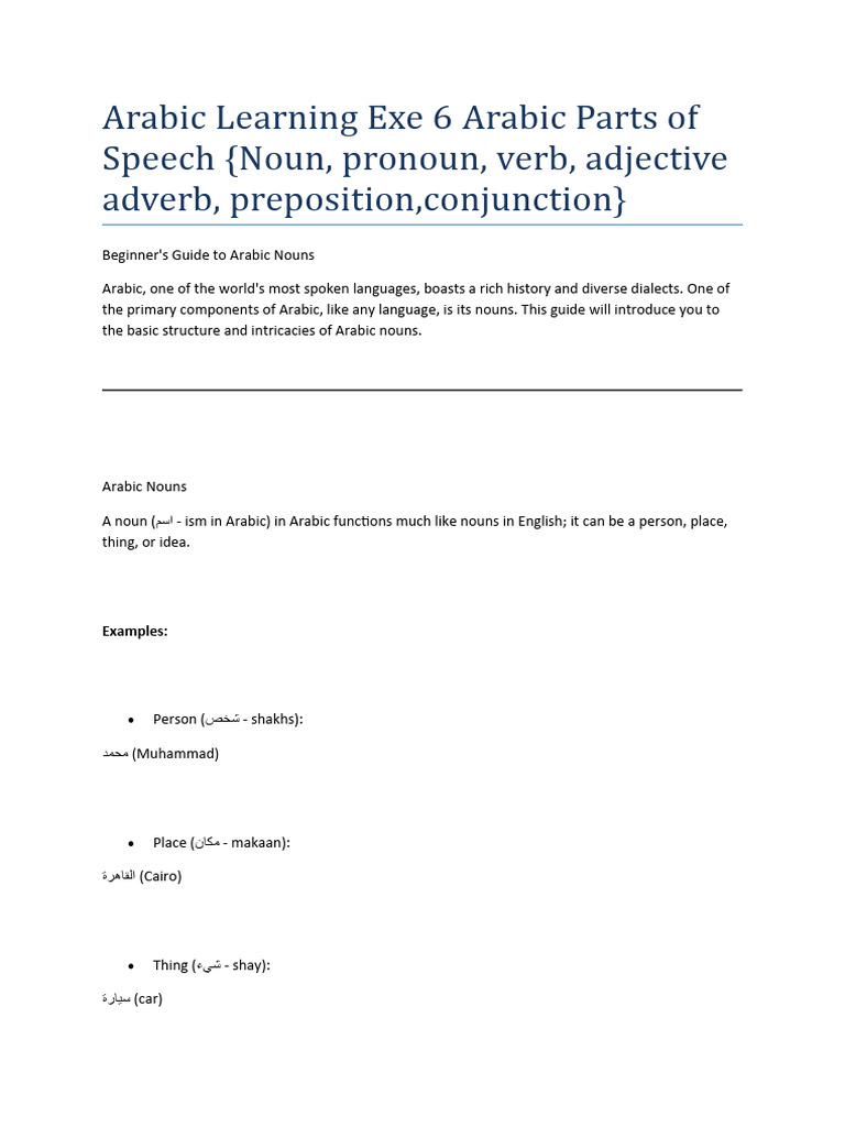 Arabic Parts of Speech Explained | PDF | Grammatical Gender ...
