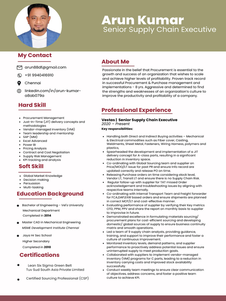 Arun CV Updated | PDF | Procurement | Supply Chain