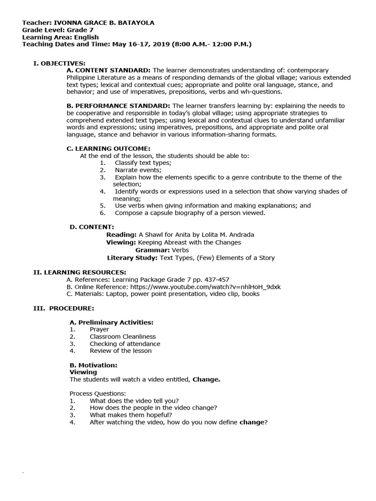 Grade 7 English Lesson Plan: Text Types | PDF | Essays | Human ...