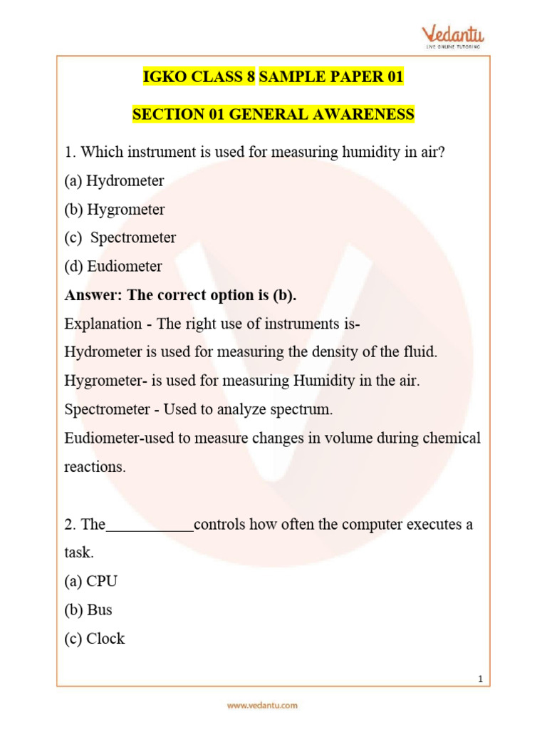 IGKO Olympiad Sample Paper 1 For Class 8 With Solutions | PDF | Sulfate | Amplifier