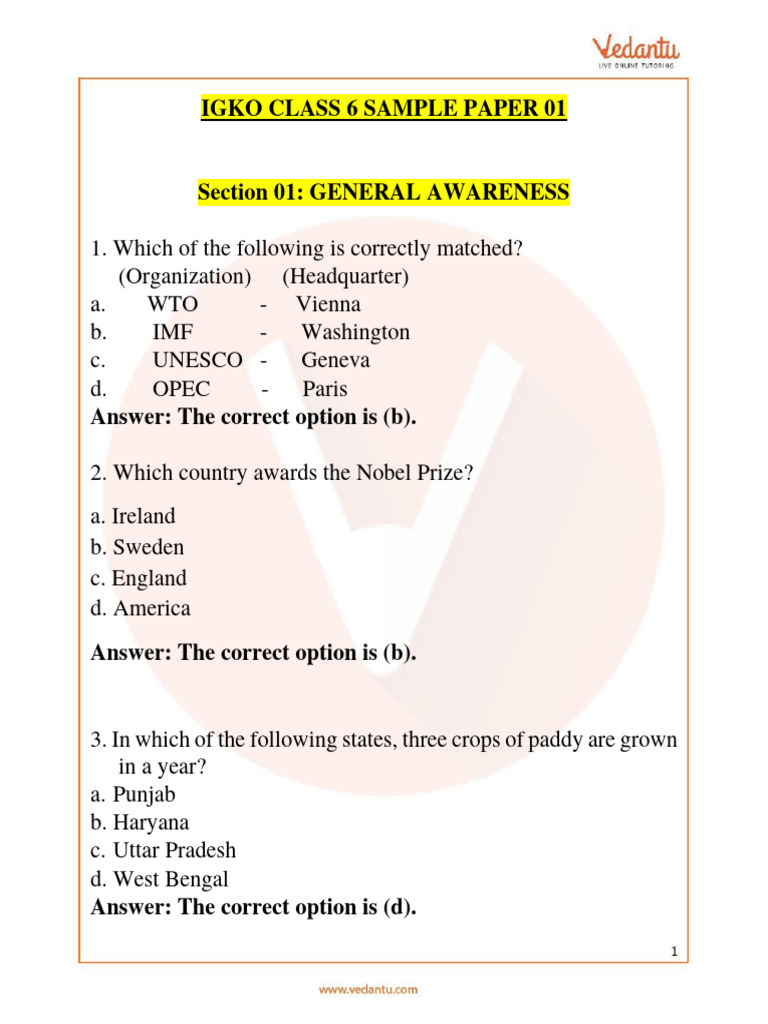 IGKO Olympiad Sample Paper 1 For Class 6 With Solutions | PDF | Travel ...