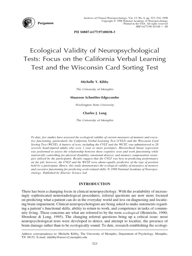 Ecological Validity of Neuropsychologica | PDF | Linear Regression | Validity (Statistics)