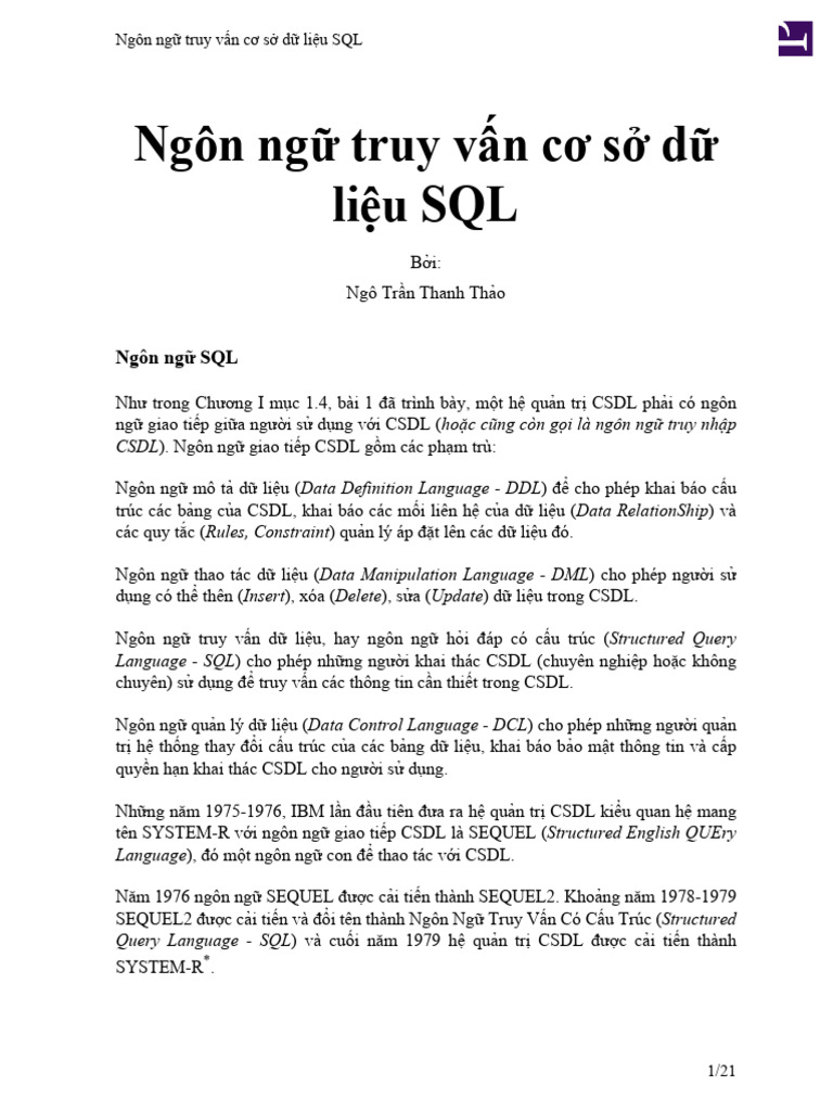 Ngôn ngữ truy vấn cơ sở dữ liệu SQL | PDF
