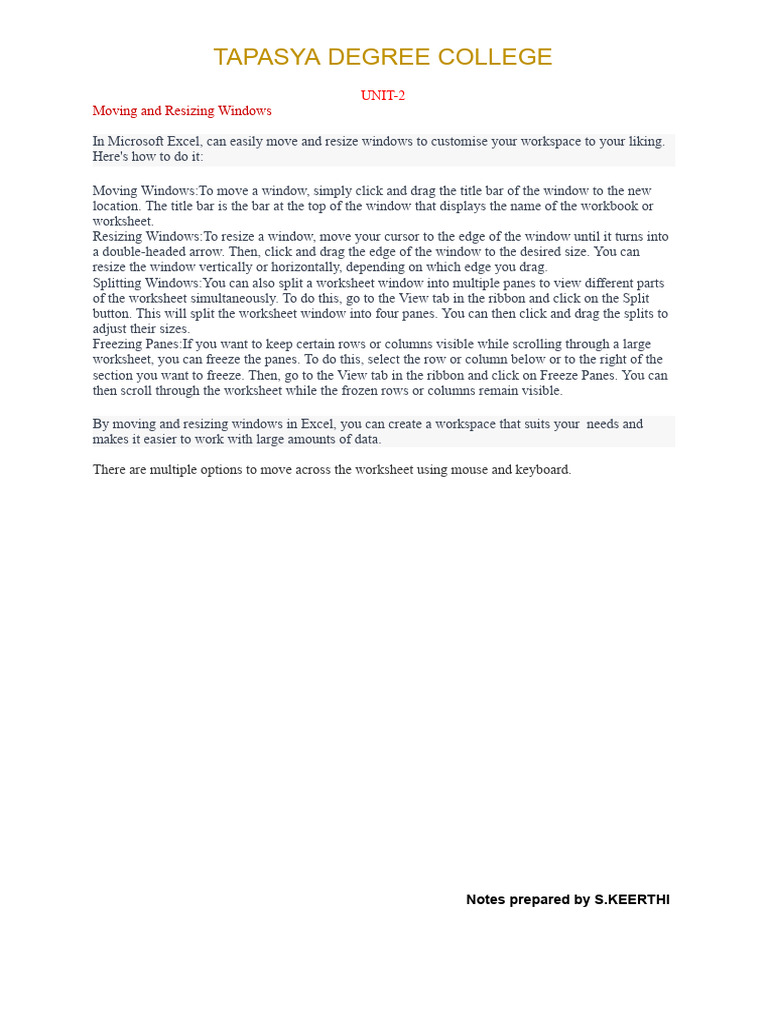 UNIT-2, Worksheet Operations | PDF | Microsoft Excel | Window (Computing)