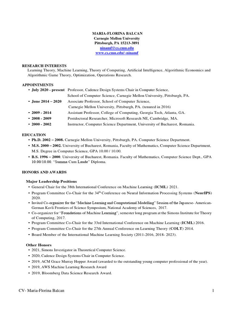 Maria-Florina Balcan CV: AI & ML Expert | PDF | Machine Learning ...