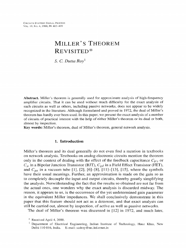 Millers Theorem Revisited | PDF | Electrical Engineering | Electronic Engineering