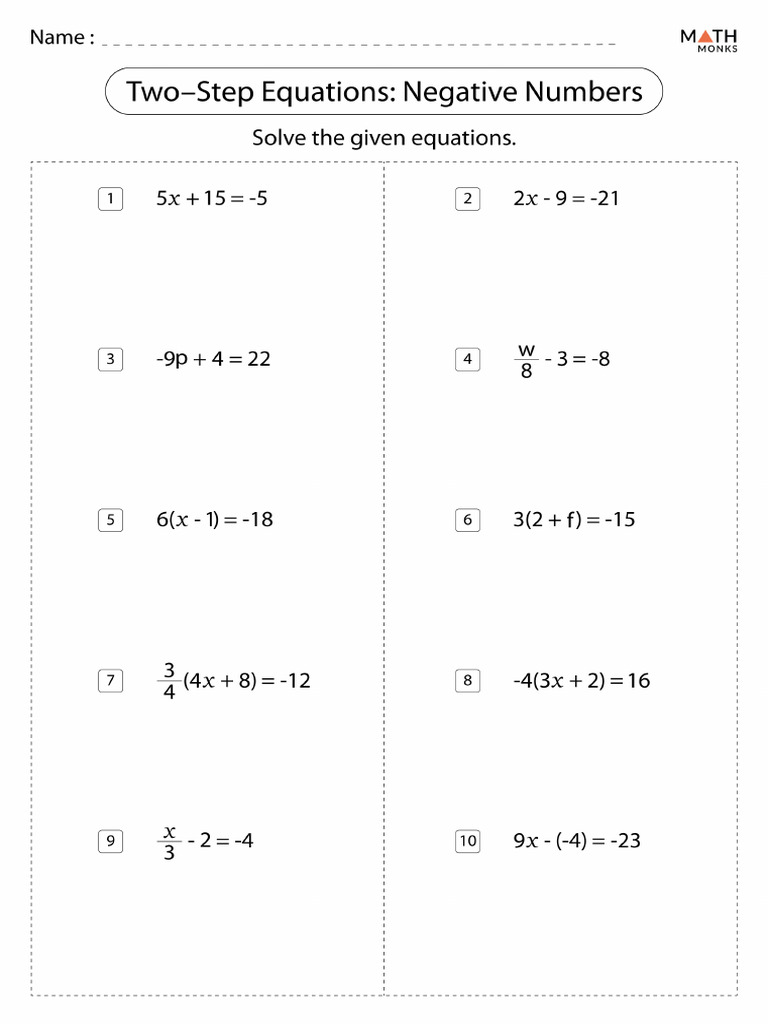 Two Step Equations With Negative Numbers Worksheet36 | PDF