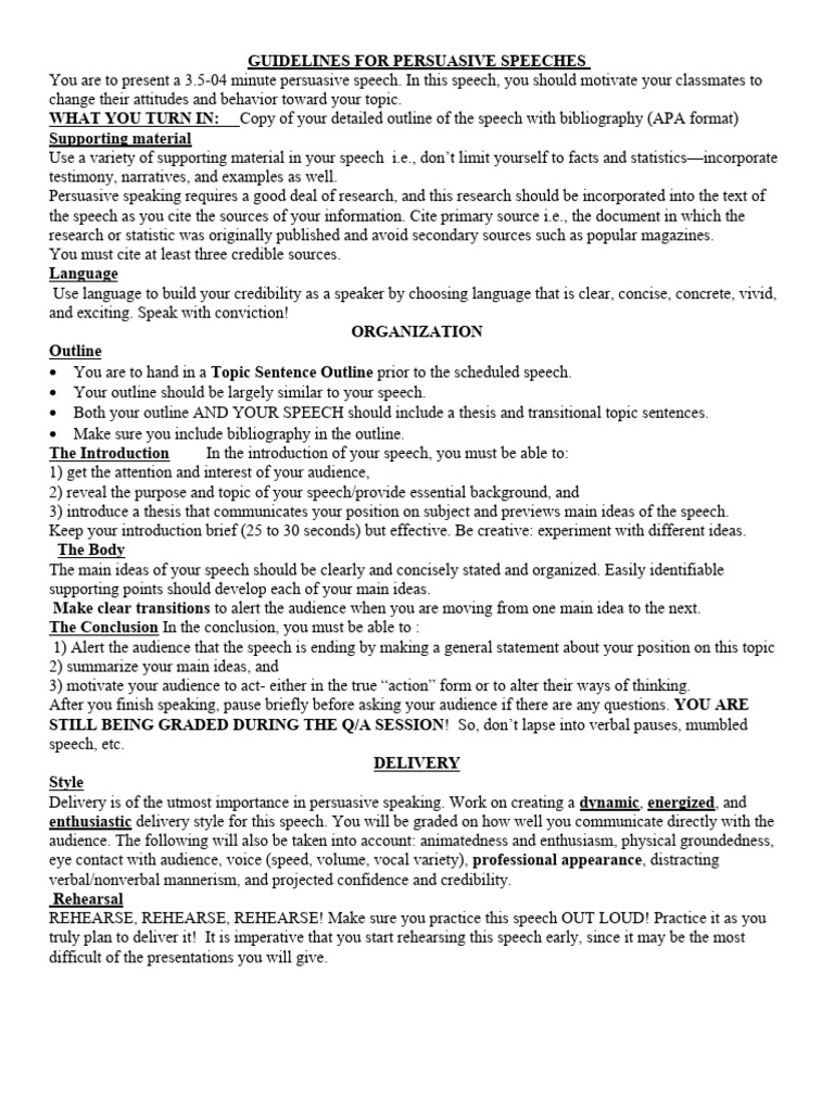 Persuasive Speech Guidelines 2024 | PDF | Credibility | Nonverbal Communication