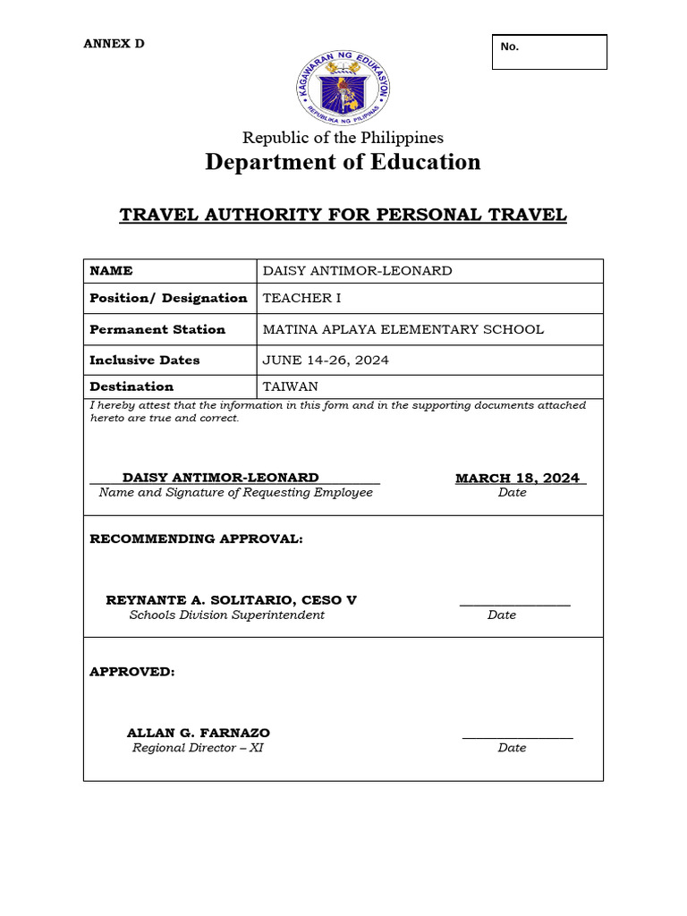Authority To Travel Form ANNEX D V2 | PDF