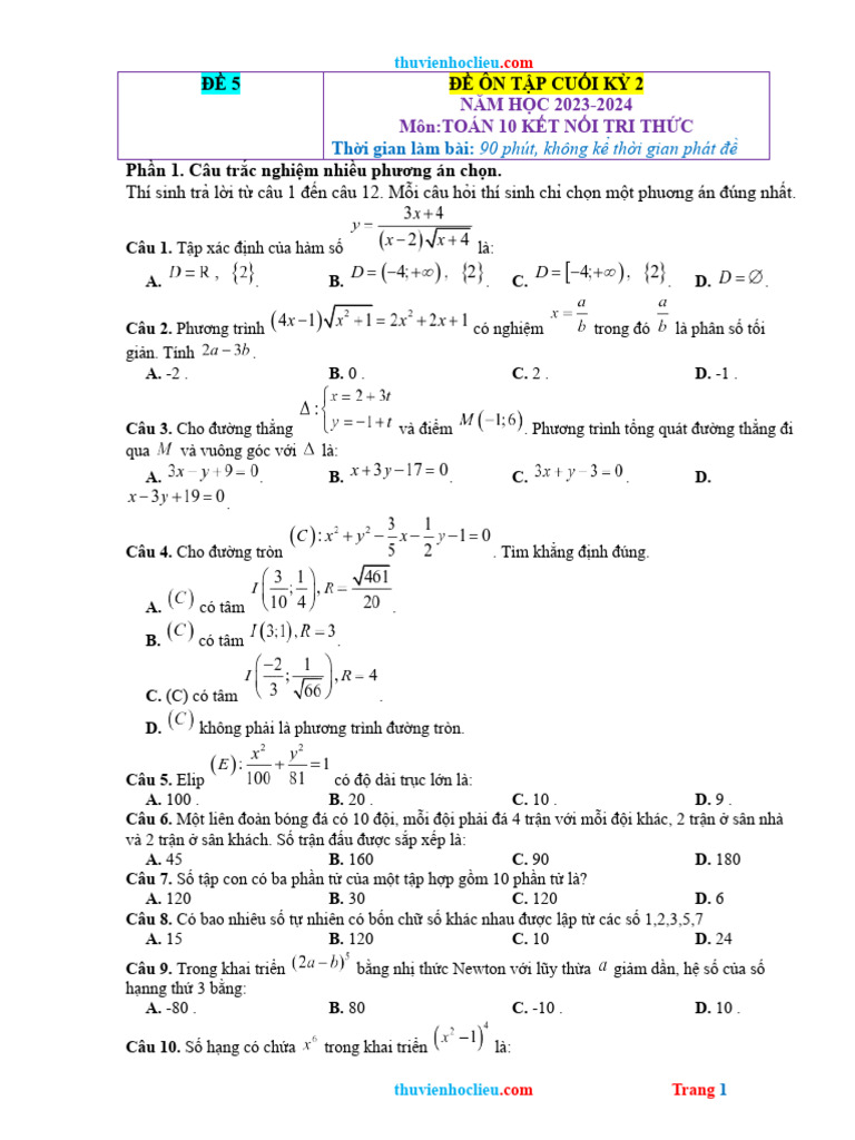De On Thi HK2 Toan 10 KNTT de 5 Hay | PDF