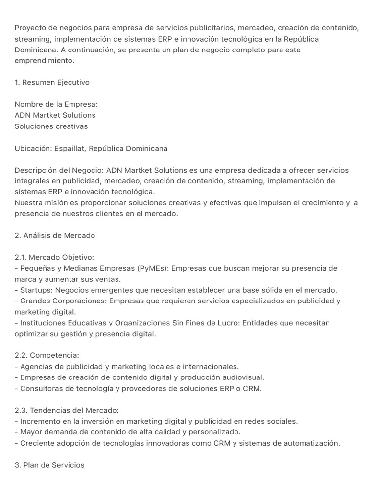 Proyecto de Negocios para Empresa de Servicios Publicitarios, Mercadeo | PDF | Planificación de ...