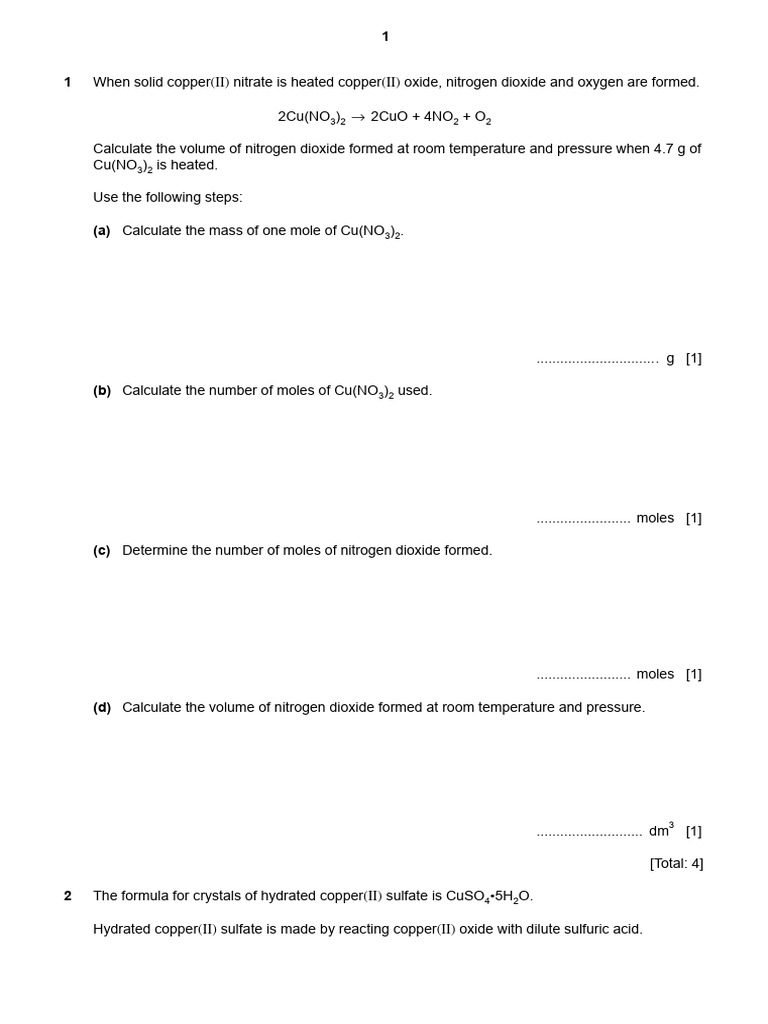 Cambridge Igcse Chemistry Worksheet - Chemical Calculations and ...