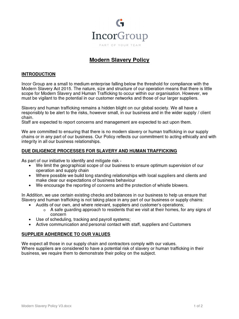 Modern Slavery Policy Overview | PDF | Supply Chain | Business