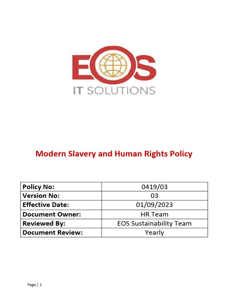 EOS Modern Slavery Human Rights Policy | PDF | Employment | Supply Chain