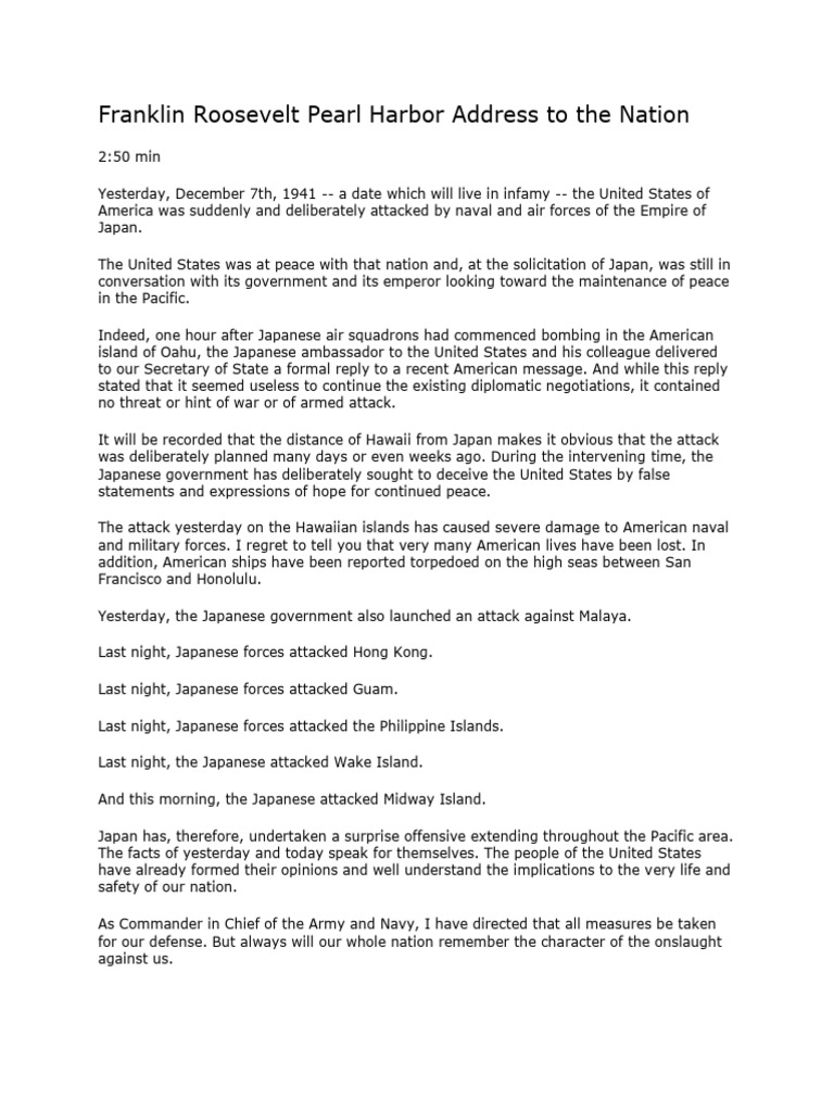 FDRPearl Harbor Address Excerpts | PDF | Attack On Pearl Harbor | Conflicts